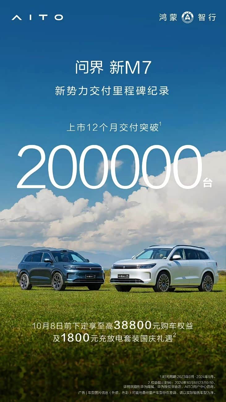【文章】问界新M7年度累计销量14.96万辆，稳居2024年新势力车型销量榜首_车家号_汽车之家